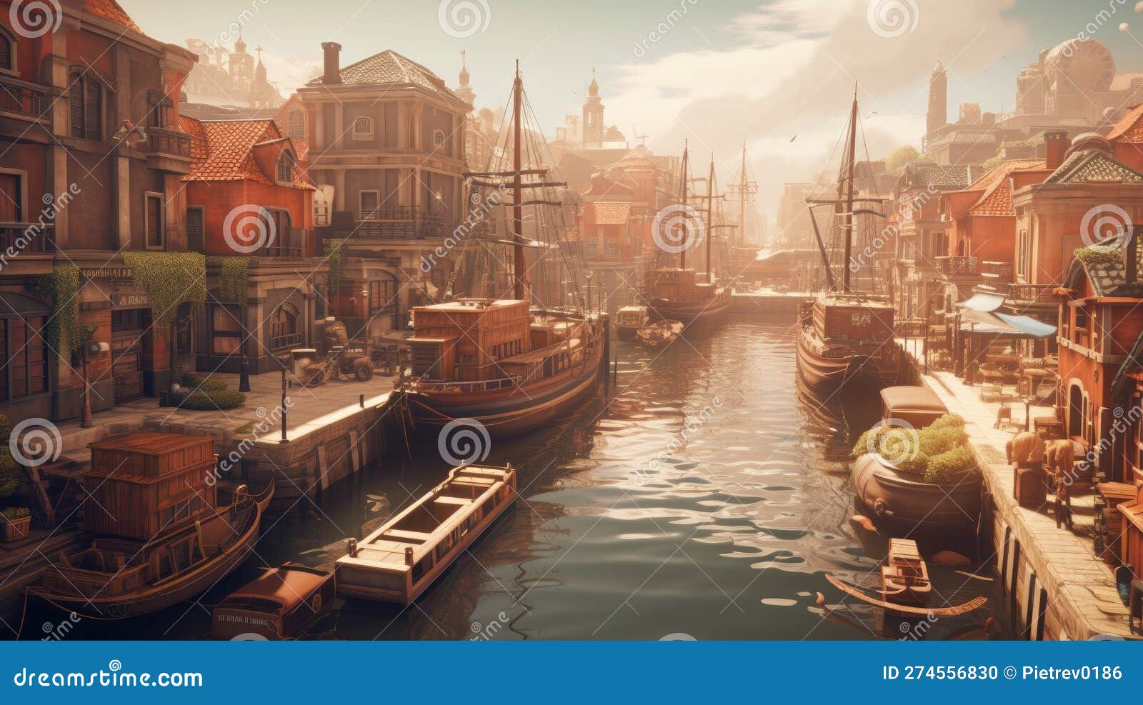 Diverse Ships in Bustling Port City Stock Illustration - Illustration ...