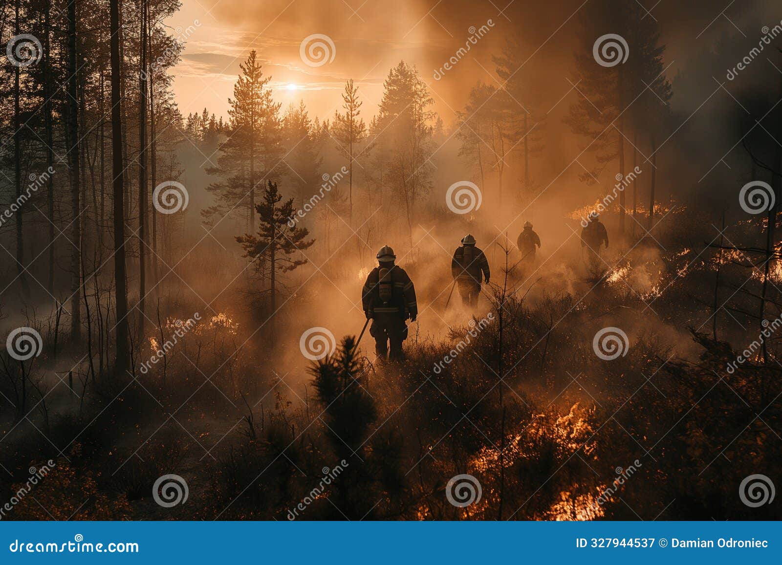 Intense Forest Fire with Firefighters Battling Flames Stock ...