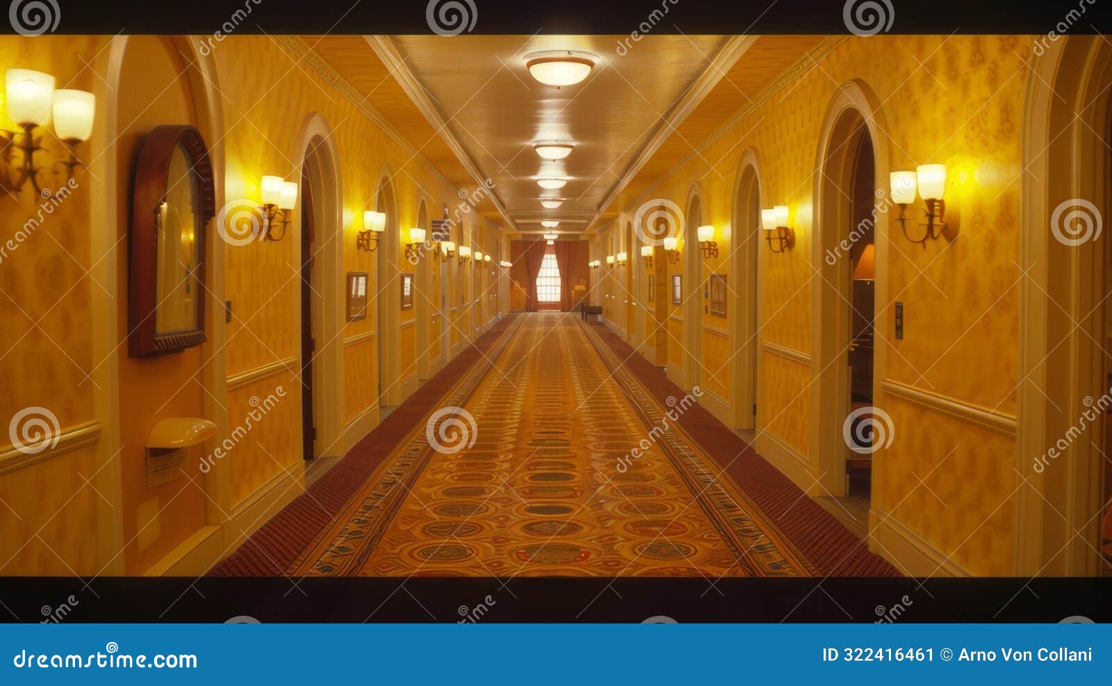Eerie Liminal Hotel Corridor with Arched Doors and Yellow Walls Stock ...
