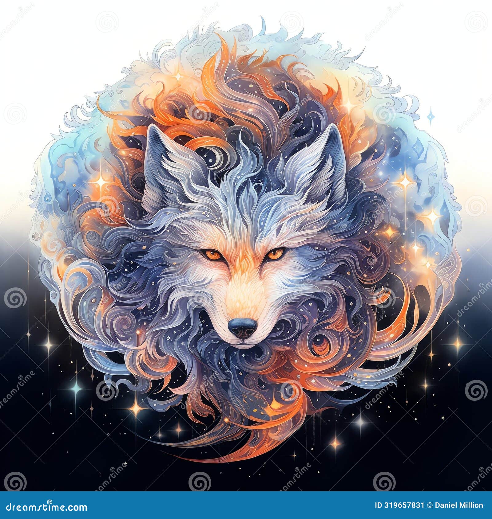 Celestial Foxfire Fantasy Sky Night Gazing Watercolor Stock ...