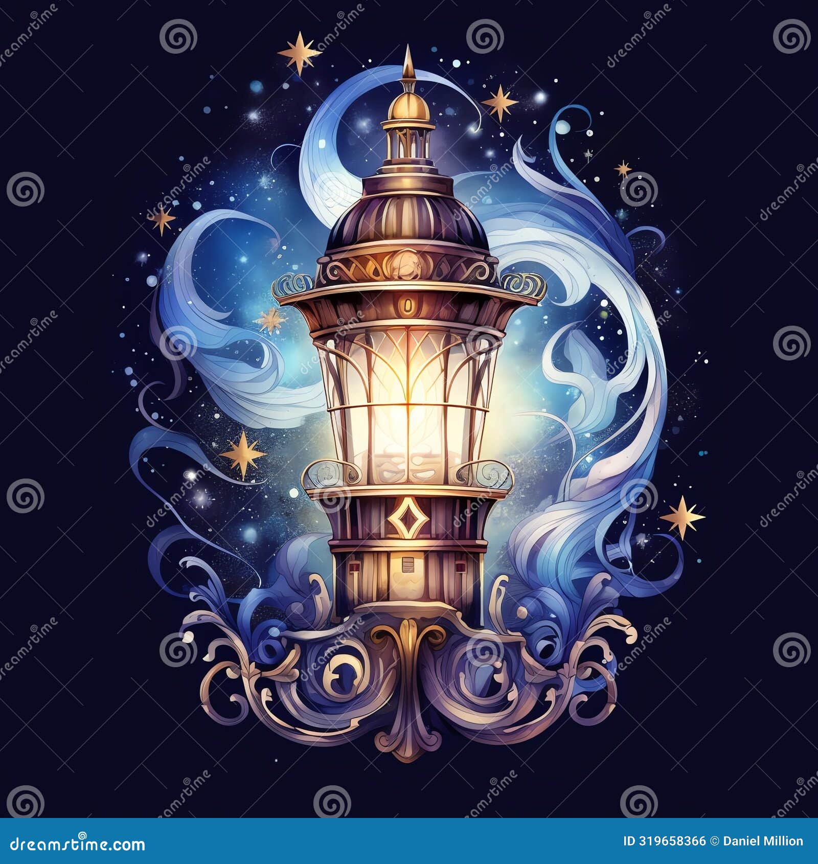 Celestial Lighthouse Lantern Fantasy Sky Night Gazing Watercolor Stock ...