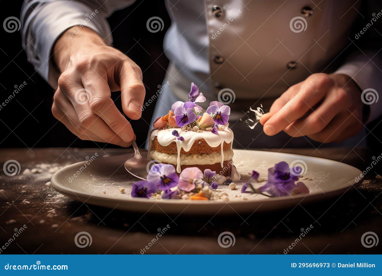 A Chef Creating A Visually Stunning Dessert Plate With Edible Flowers ...