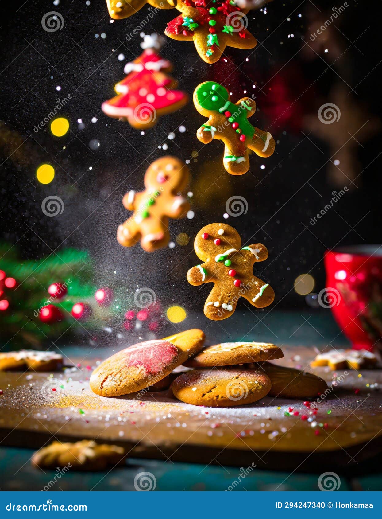 Ginger Bread Cookies Falling Down Onto the Baking Table Stock ...
