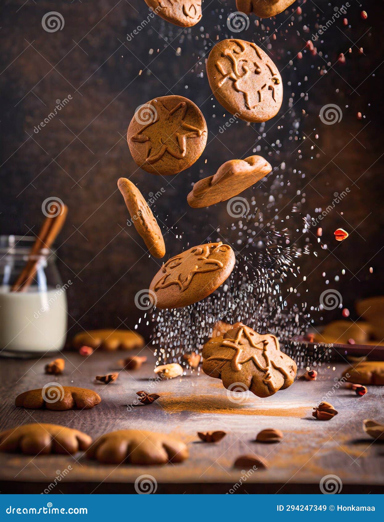 Ginger Bread Cookies Falling Down Onto the Baking Table Stock ...