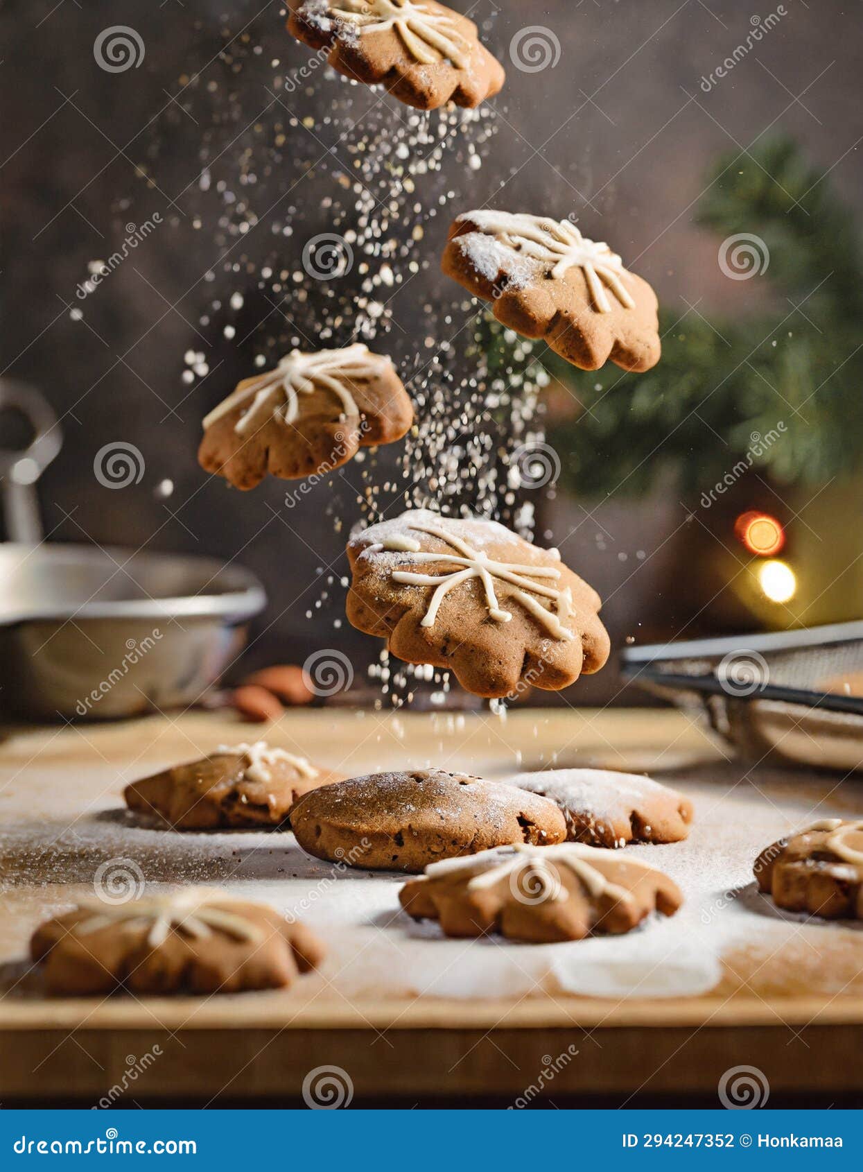 Ginger Bread Cookies Falling Down Onto the Baking Table Stock ...