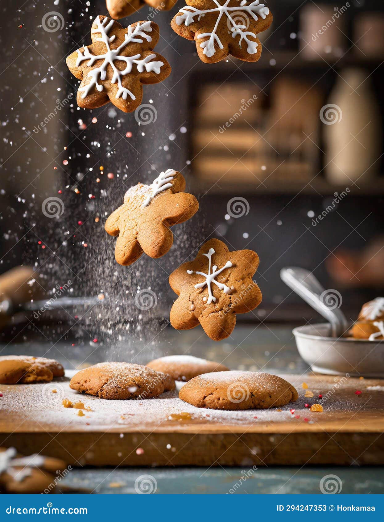 Ginger Bread Cookies Falling Down Onto the Baking Table Stock ...