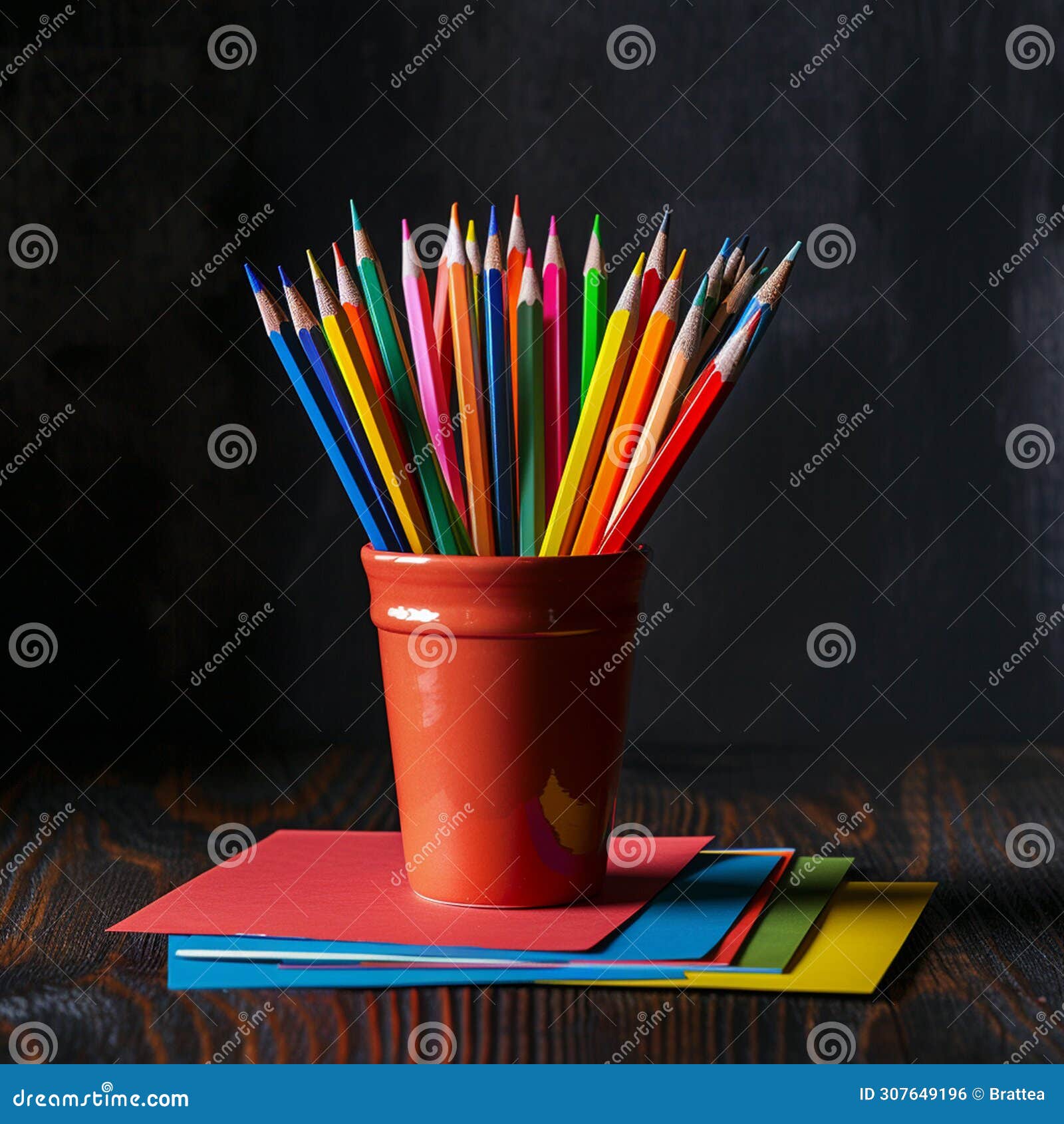 Colorful Crayons in Ceramic Mug and Stack of Drawing Papers on Wooden ...