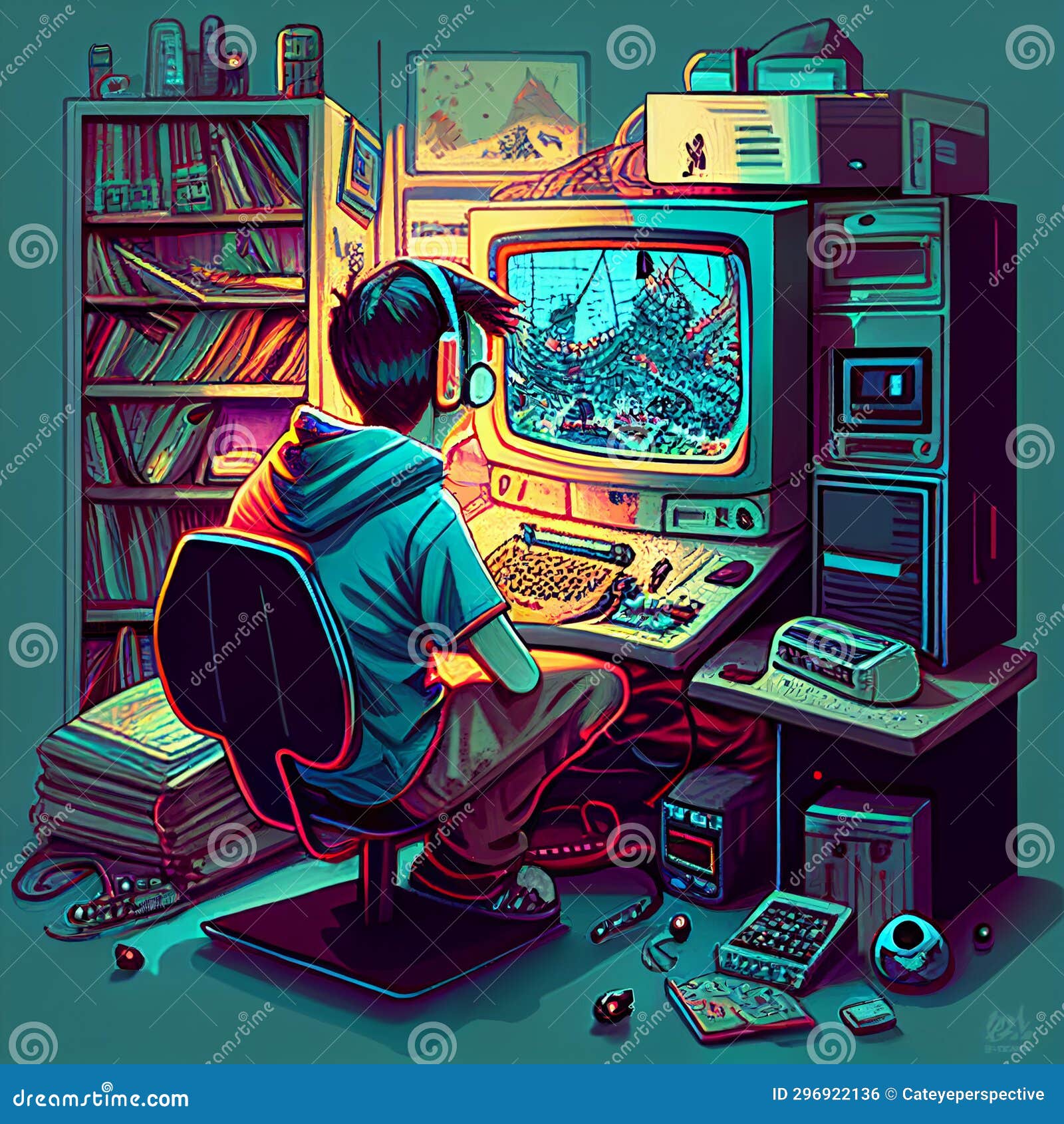 AI Generated Image. Computer Games Addiction Concept Stock Illustration ...