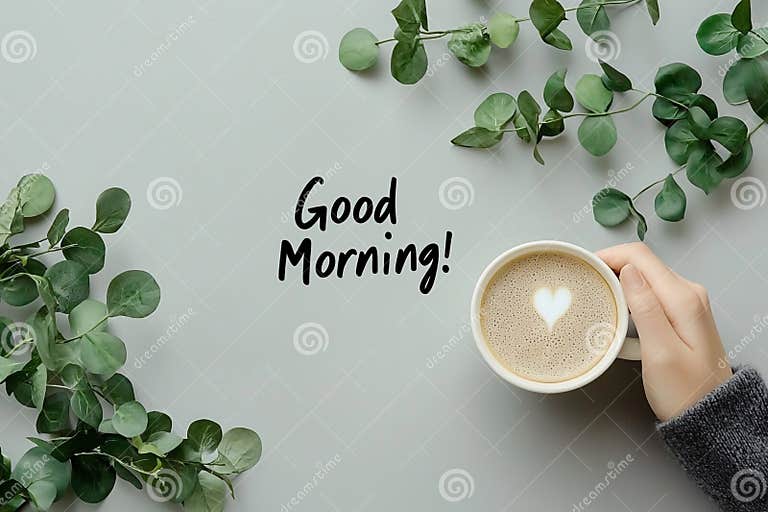 Coffee Cup with Greenery on Light Grey Background with Good Morning ...