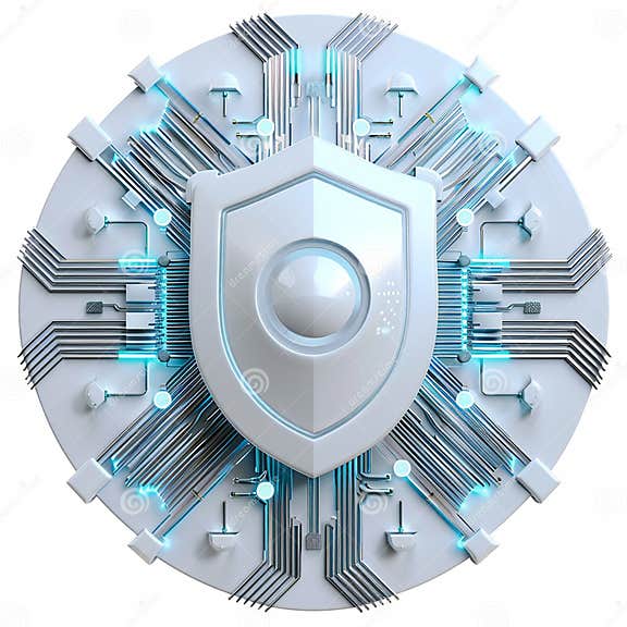 A 3D Icon of a Tech Integration Cybersecurity Shield with a White ...