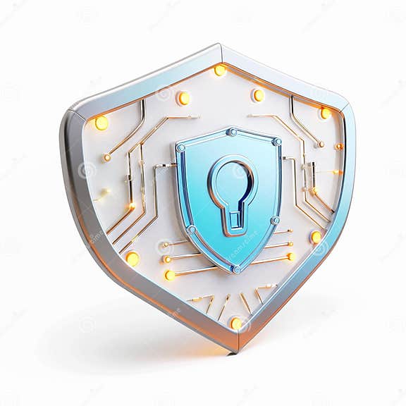 A 3D Icon of a Tech Integration Cybersecurity Shield with a White ...