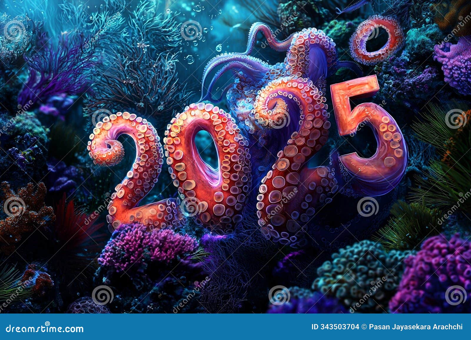 Deep Sea Creatures Forming The Numbers 2025 With Octopus Arms And Coral ...