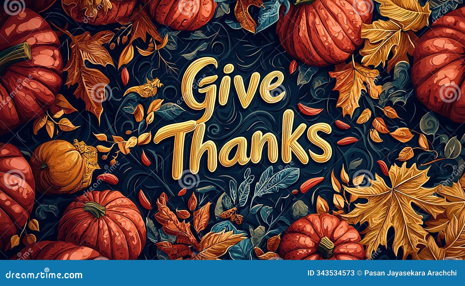 Fall Foliage and Pumpkins Framing Give Thanks Text in Elegant ...