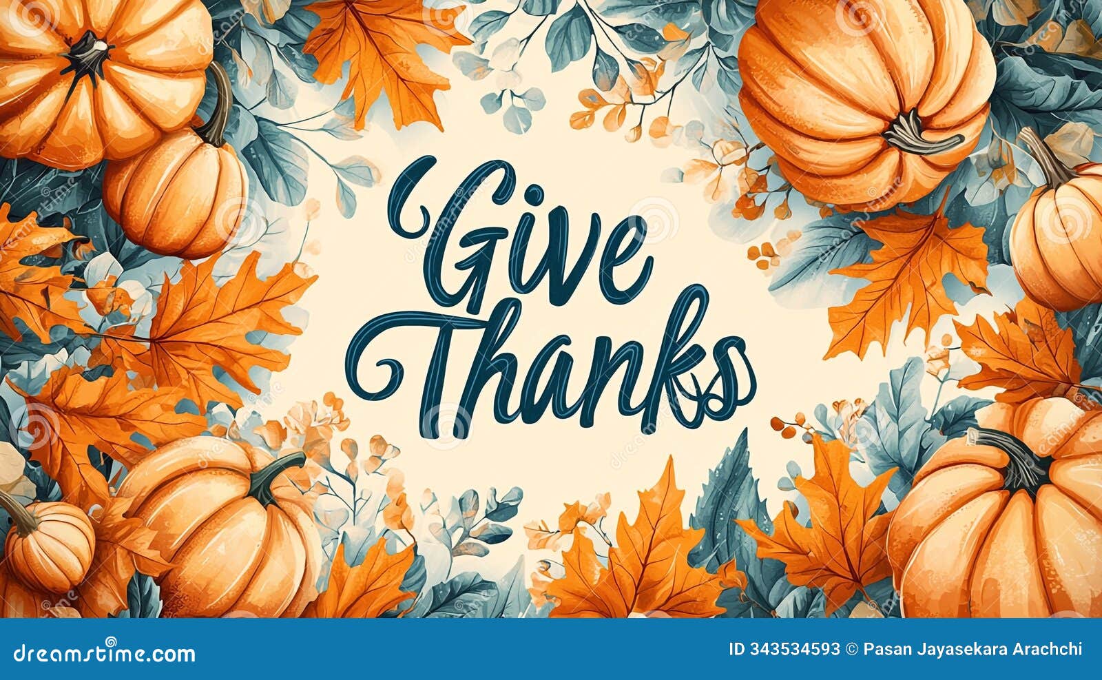 Fall Foliage and Pumpkins Framing Give Thanks Text in Elegant ...