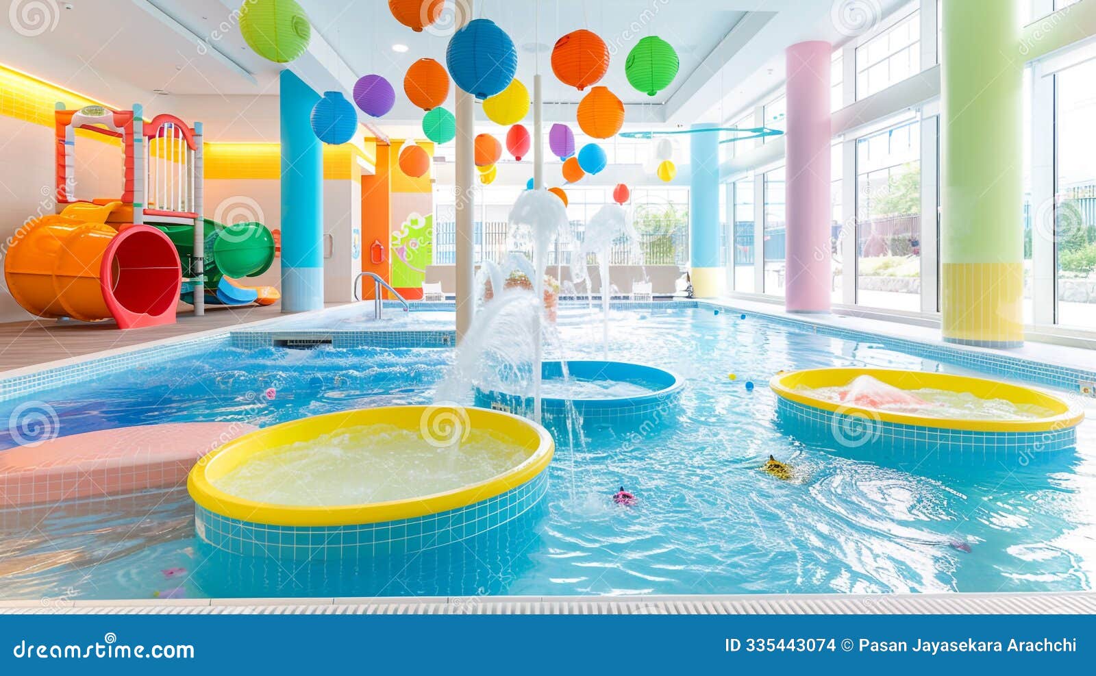 Hotel Pool Featuring Water Slides and Splash Pad Stock Illustration ...