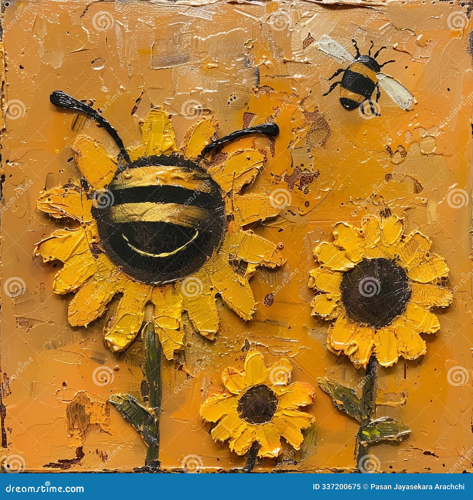 Smiley Face with Bee Buzzing Around Flowers Stock Illustration ...