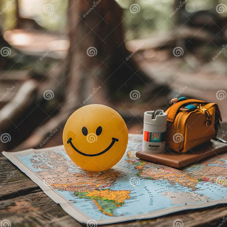 Smiley Face Planning Trip with Map Stock Illustration - Illustration of ...