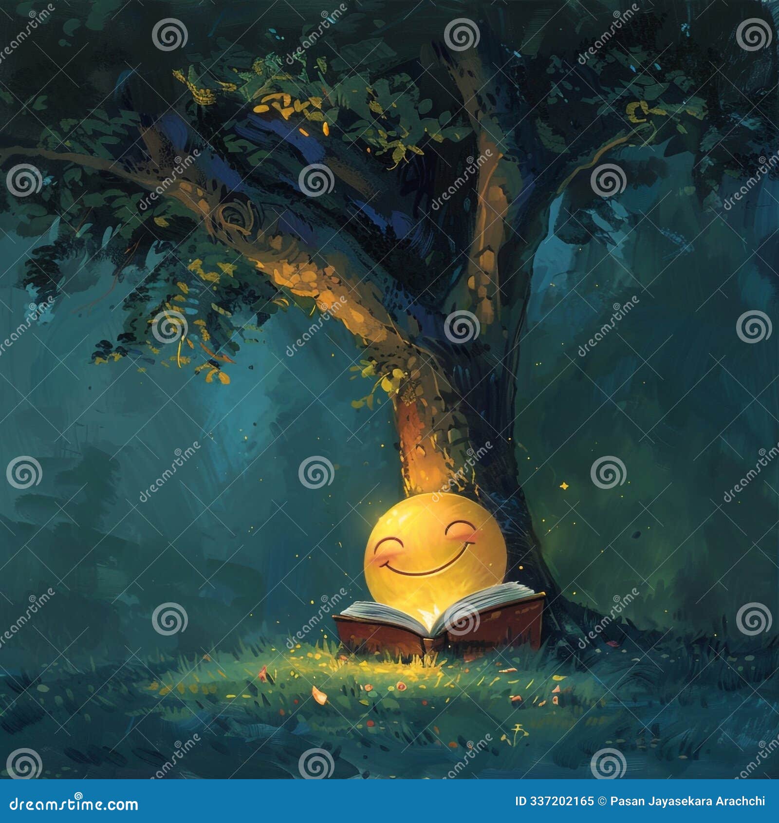 Smiley Face Reading a Book Under a Tree Stock Illustration ...
