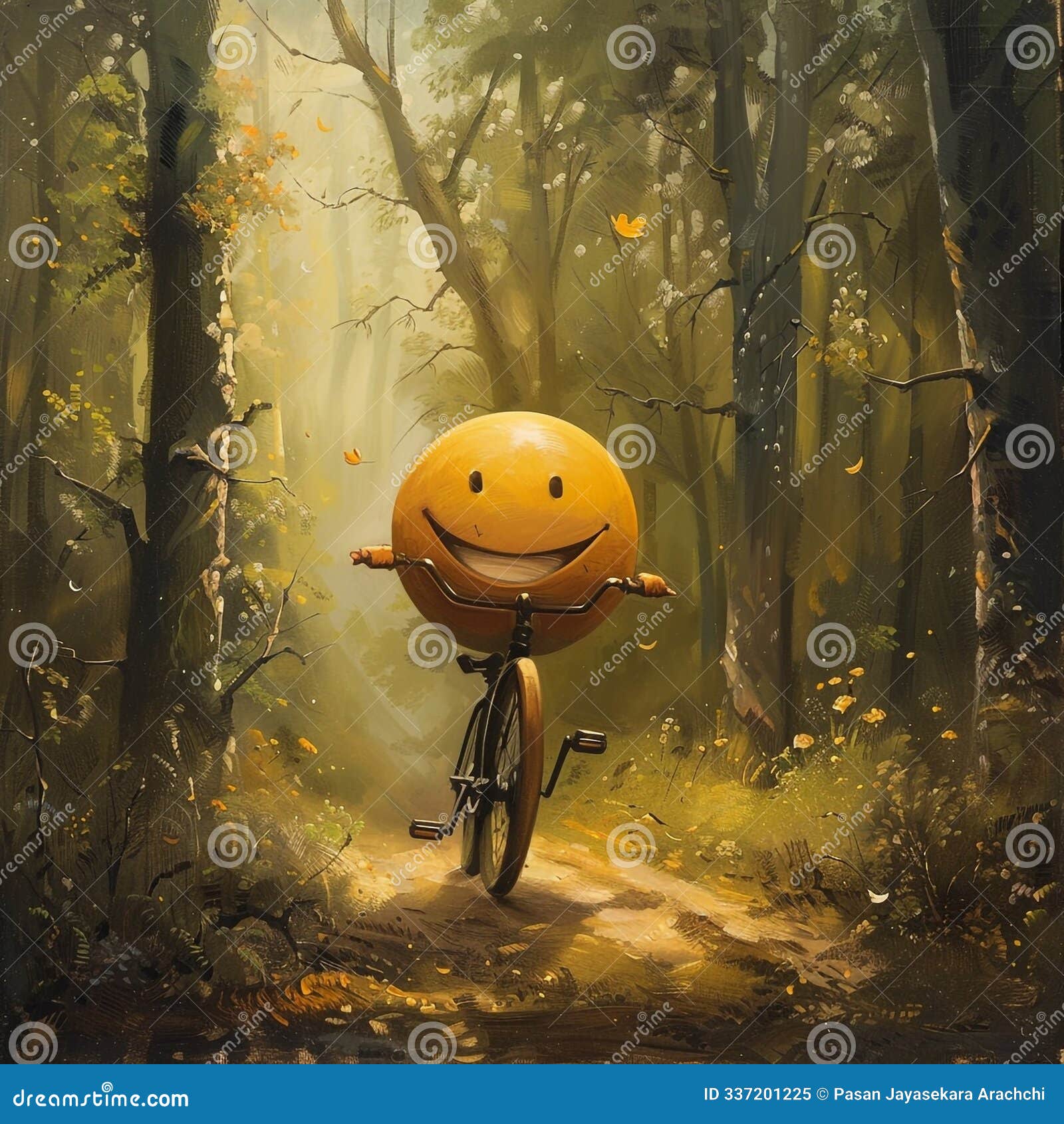 Smiley Face Riding Bicycle through Forest Trail Stock Illustration ...