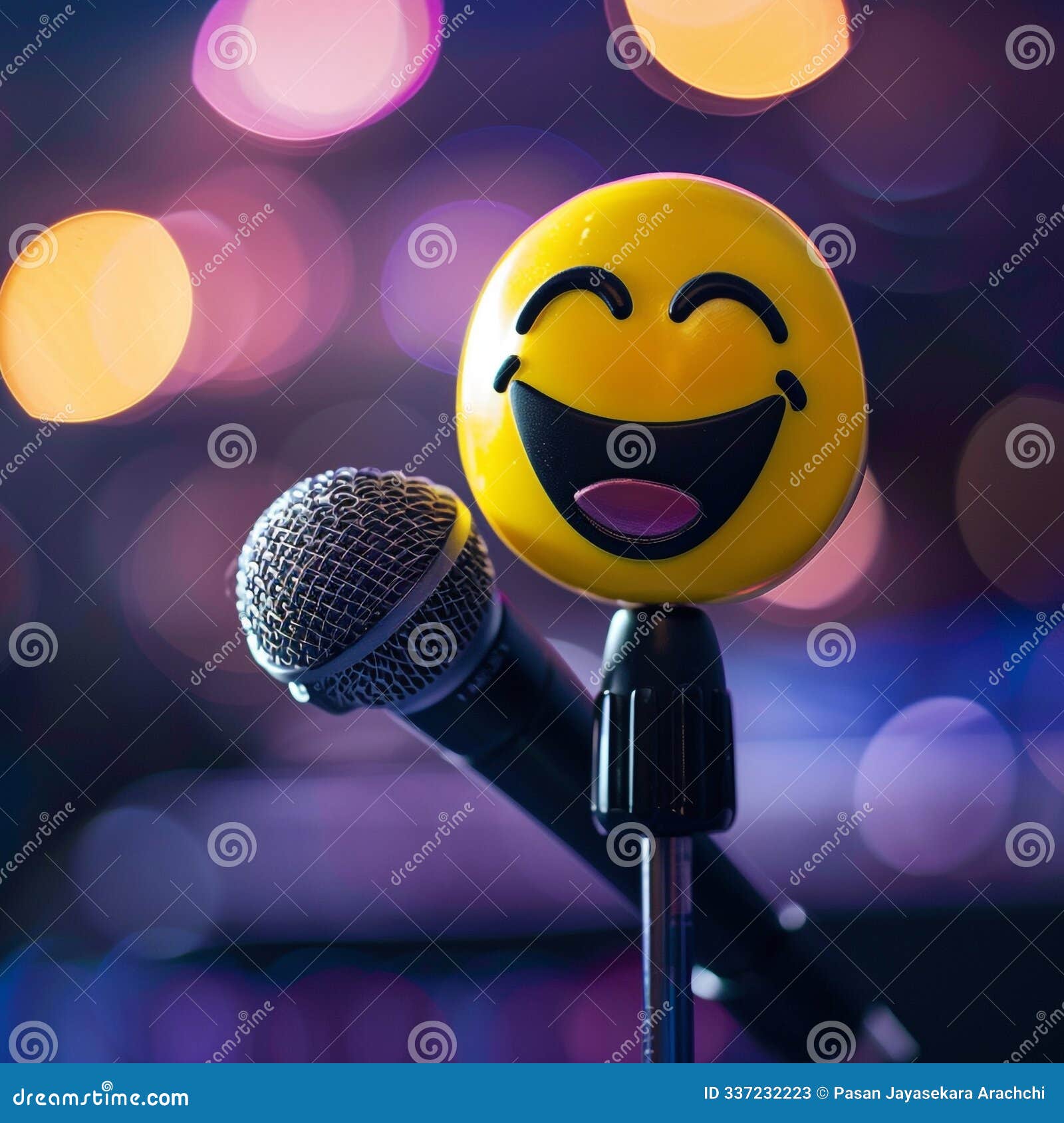Smiley Face Singing on Stage with Microphone and Spotlights Stock ...
