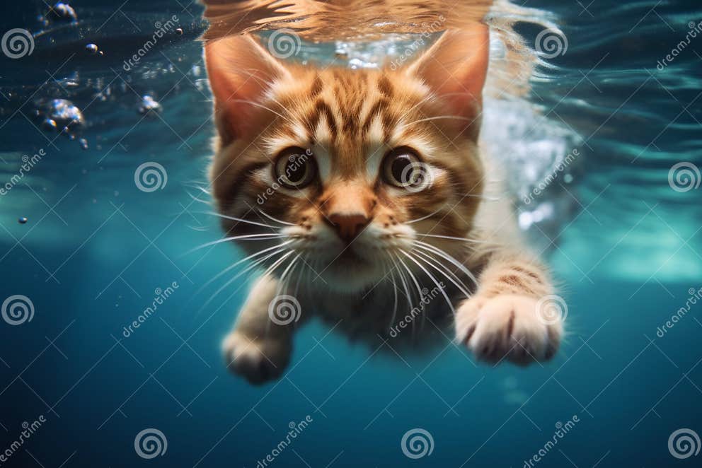 Cute Little Kitty Swimming Underwater and Looking at Camera Stock ...