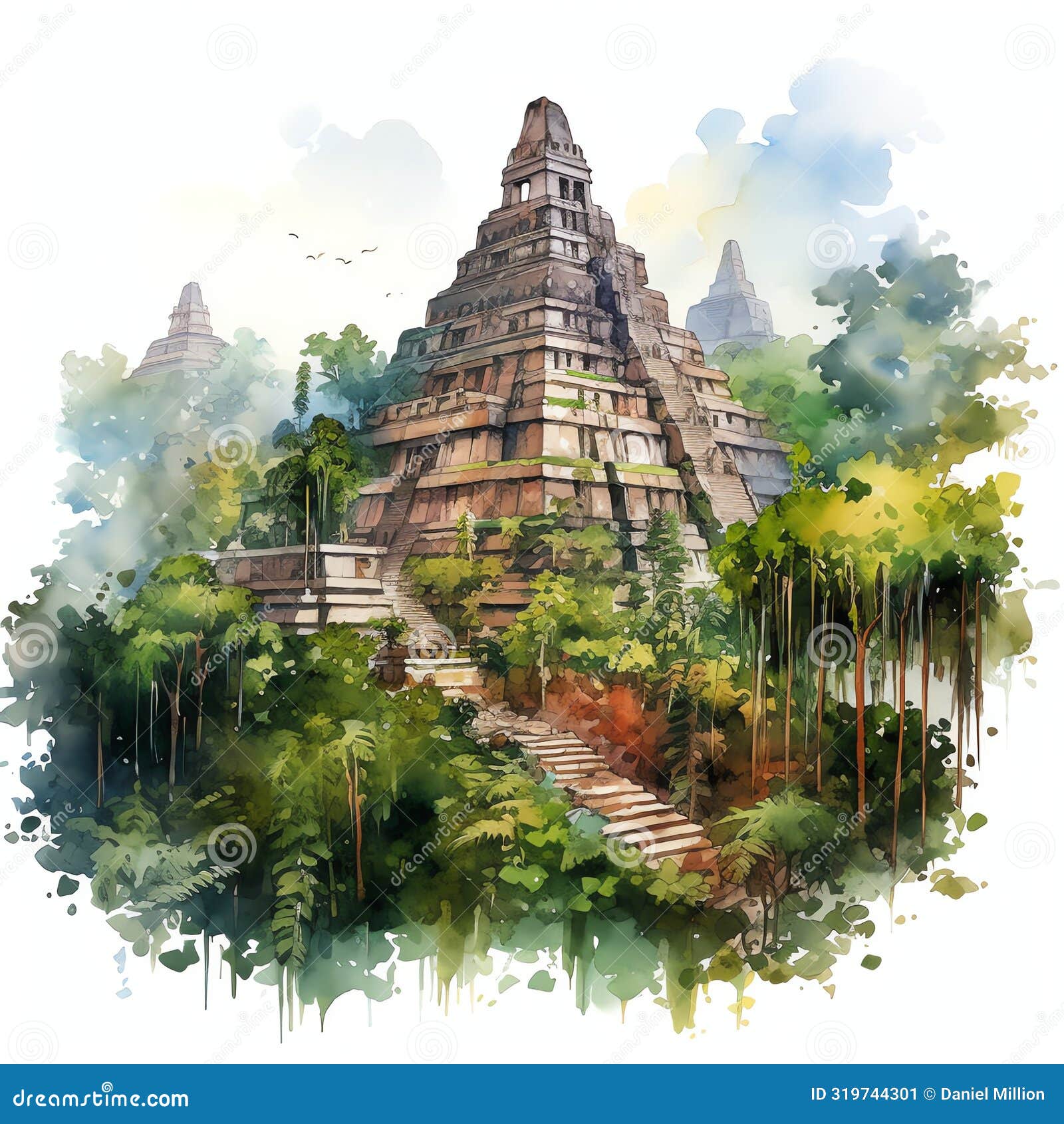 Dense Maya Jungle with Towering Temples and Pyramids Illustration Stock ...