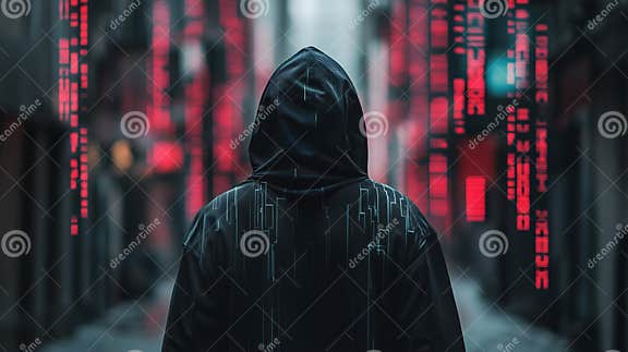 Back View of a Hooded Figure with Binary Code Background Stock ...