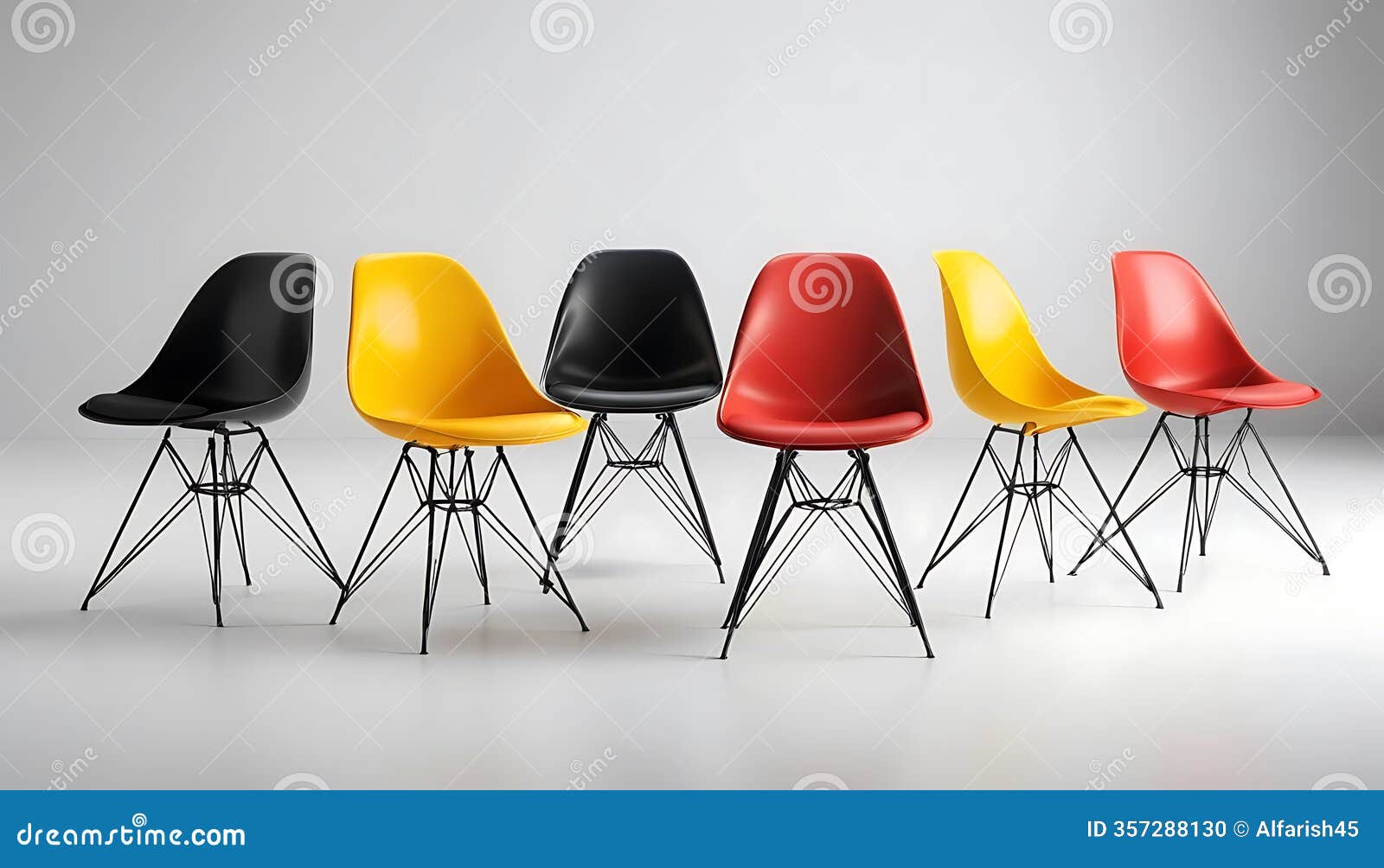 Five Colorful Eames Style Plastic Chairs with Black Wire Legs Stock ...