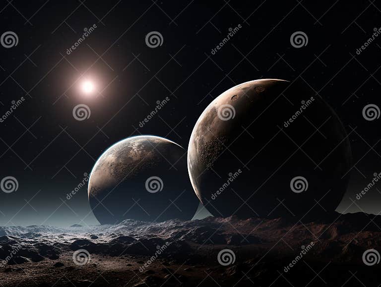 A Planet with Multiple Moons Visible in the Sky Stock Illustration ...