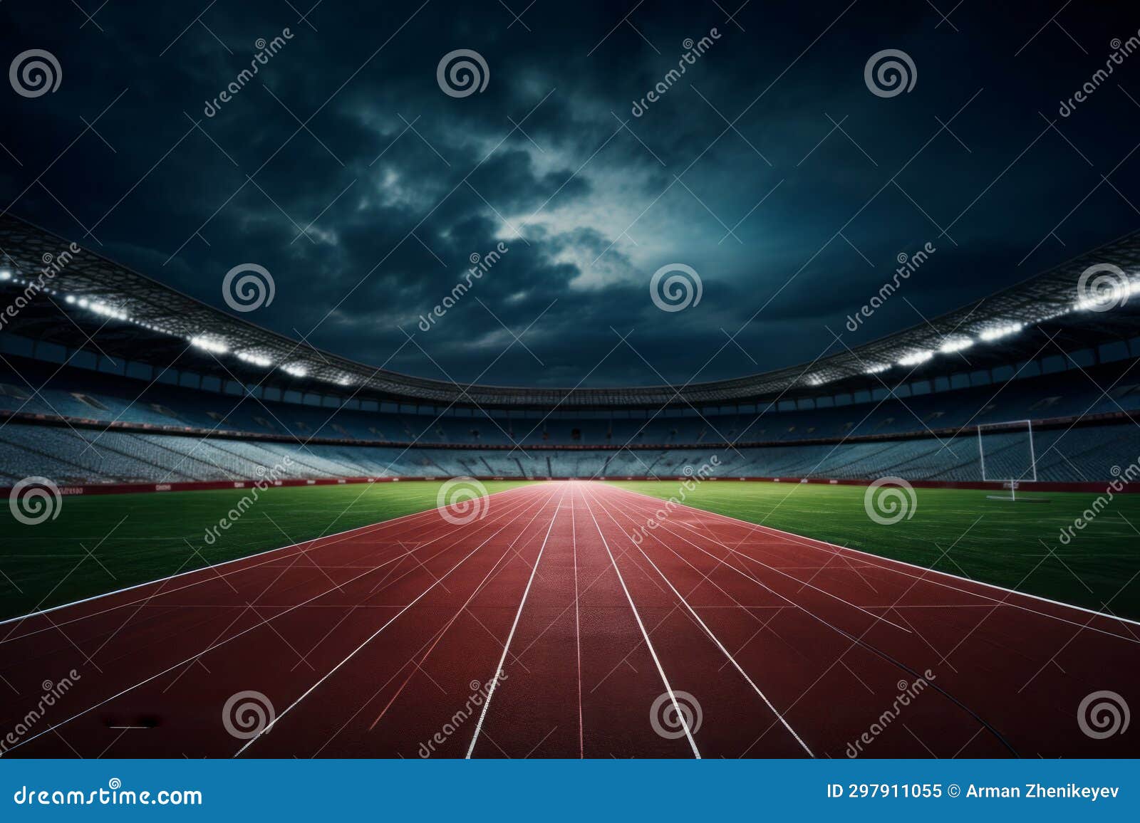 Empty Sports Field With Stadium In Background. Green Grass, White Lines ...
