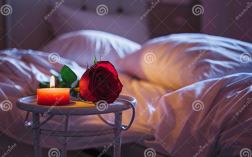 Generative-AI, Romantic Bedside Setting with Rose and Burning Candle on ...