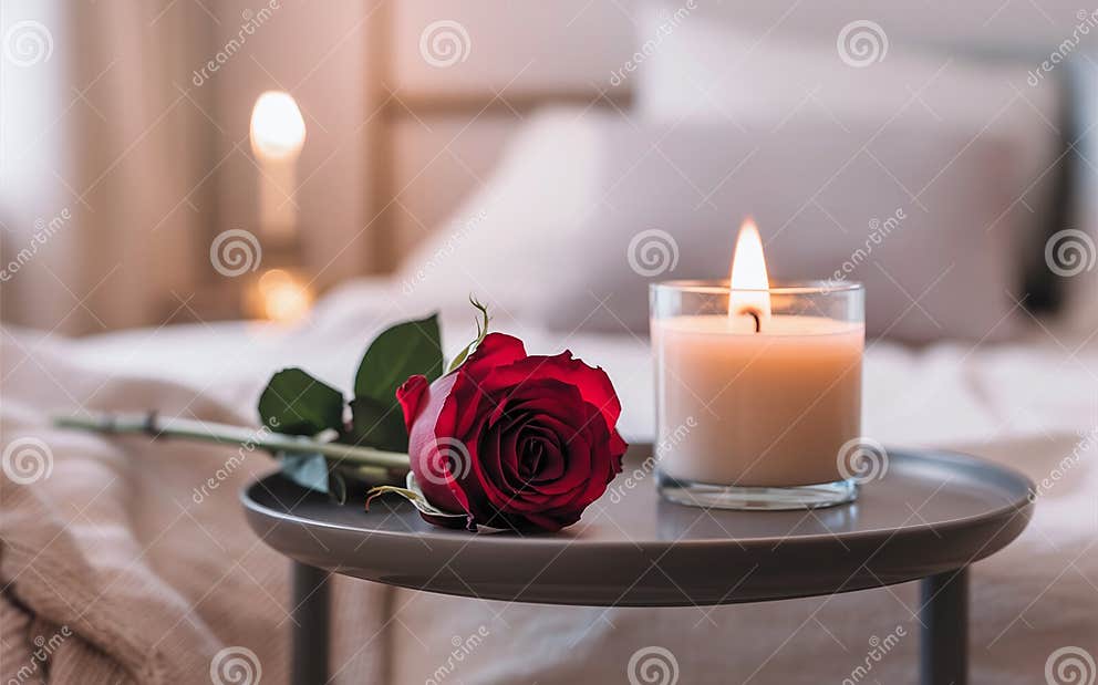 Generative-AI, Romantic Bedside Setting with Rose and Burning Candle on ...