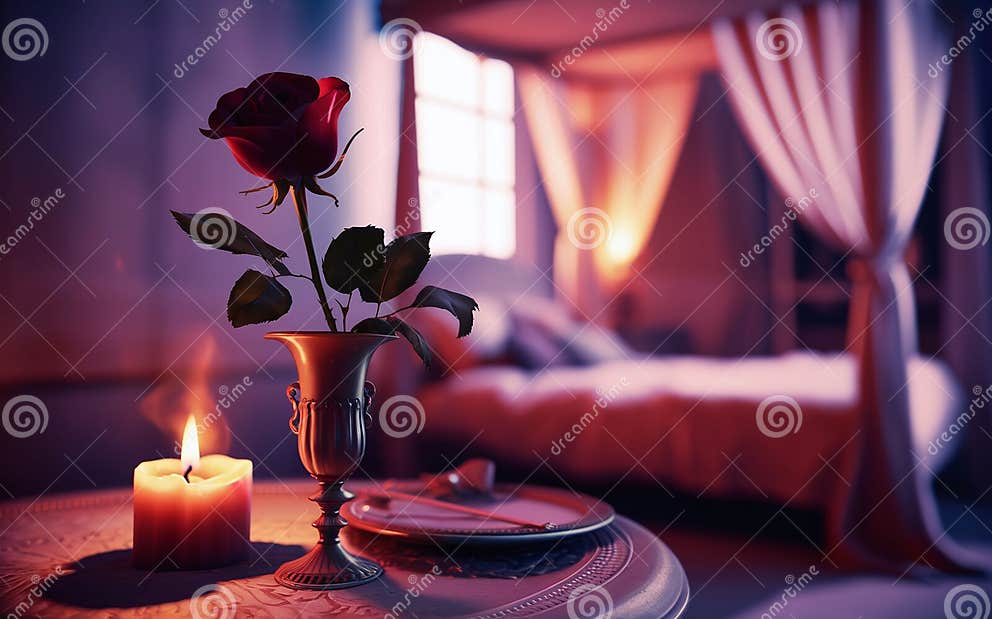 Generative-AI, Romantic Bedside Setting with Rose and Burning Candle on ...