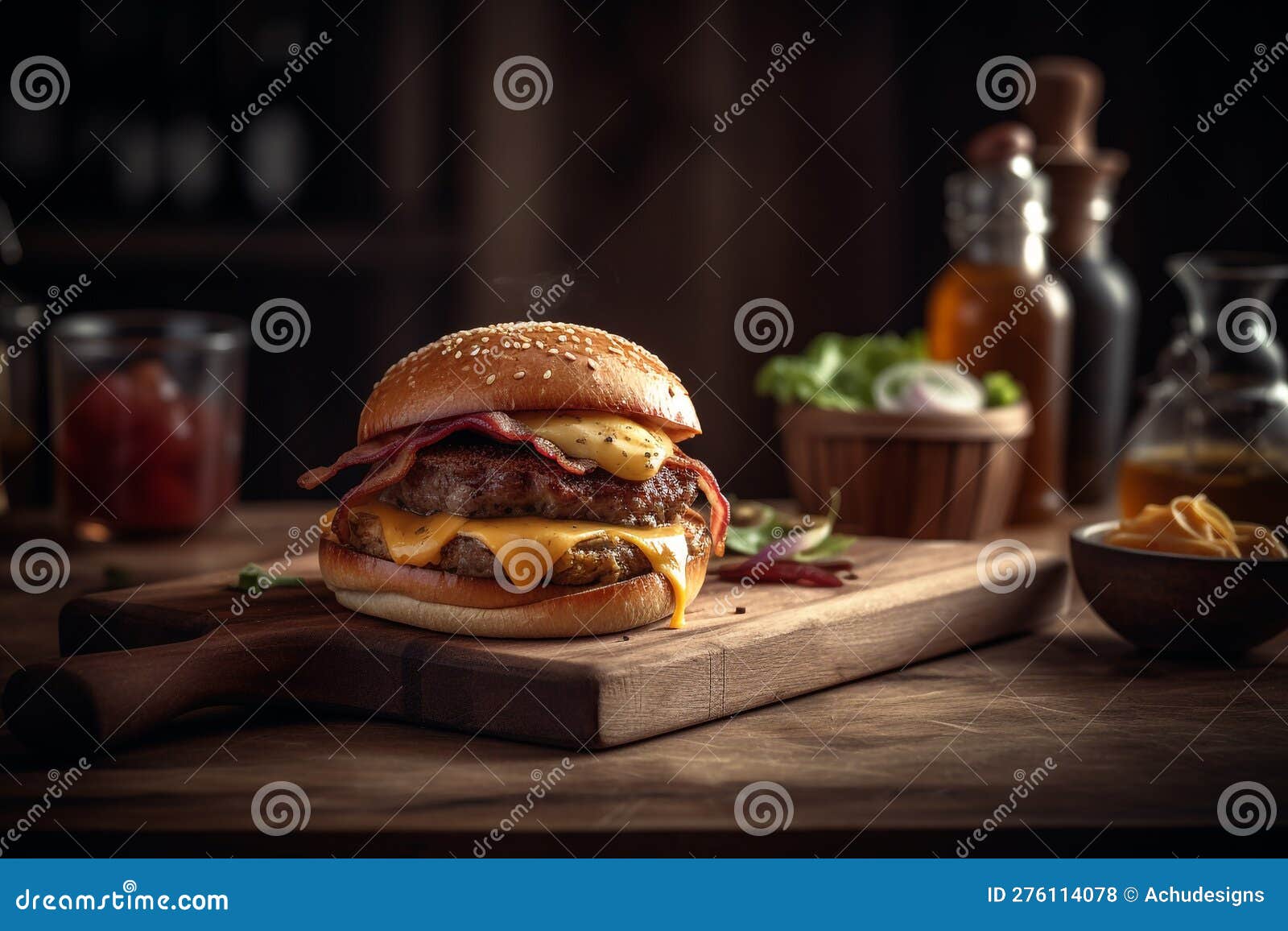 Burger with Crispy Bacon, Melted Cheddar Cheese, and a Drizzle of Maple ...