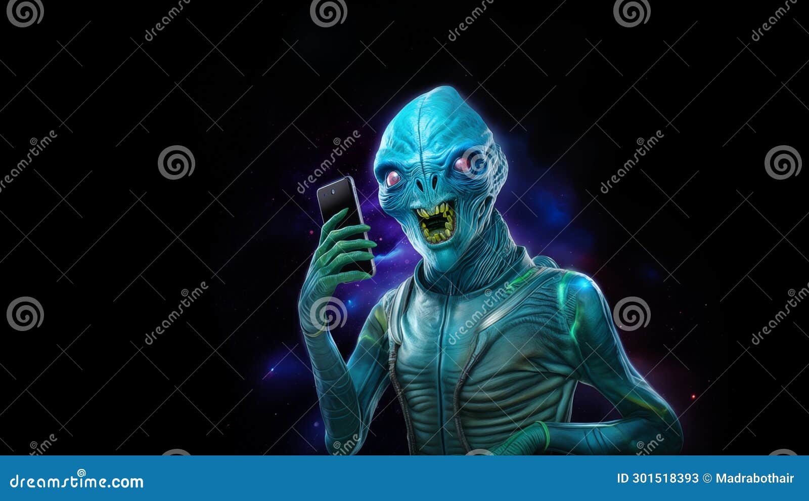 Funny Smiling Alien Creature Using a Cell Phone To Make a Selfie Photo ...