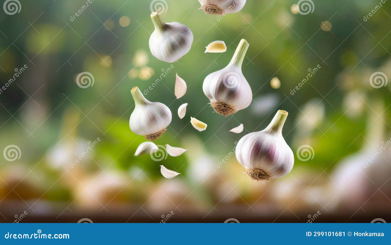 Garlic Falling In Air With Pepper And Herbs Like Rosemary On Turquoise ...