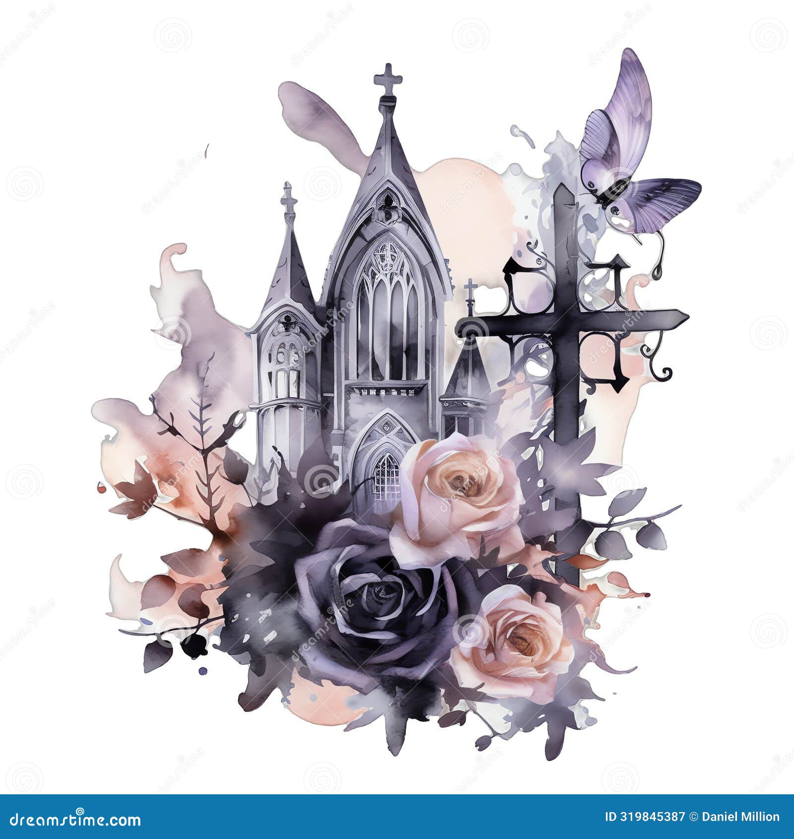 Gothic Mantion Watercolor Illustration Royalty-Free Cartoon ...