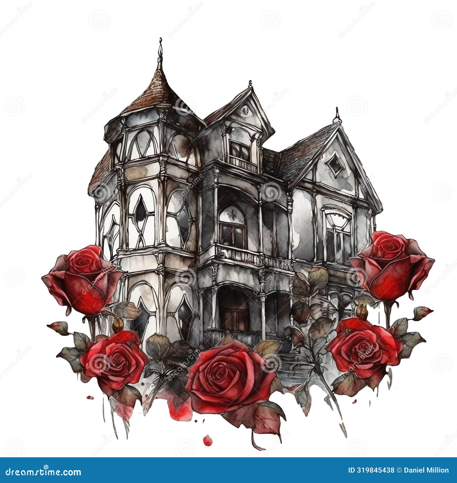 Gothic Mantion Watercolor Illustration Royalty-Free Cartoon ...