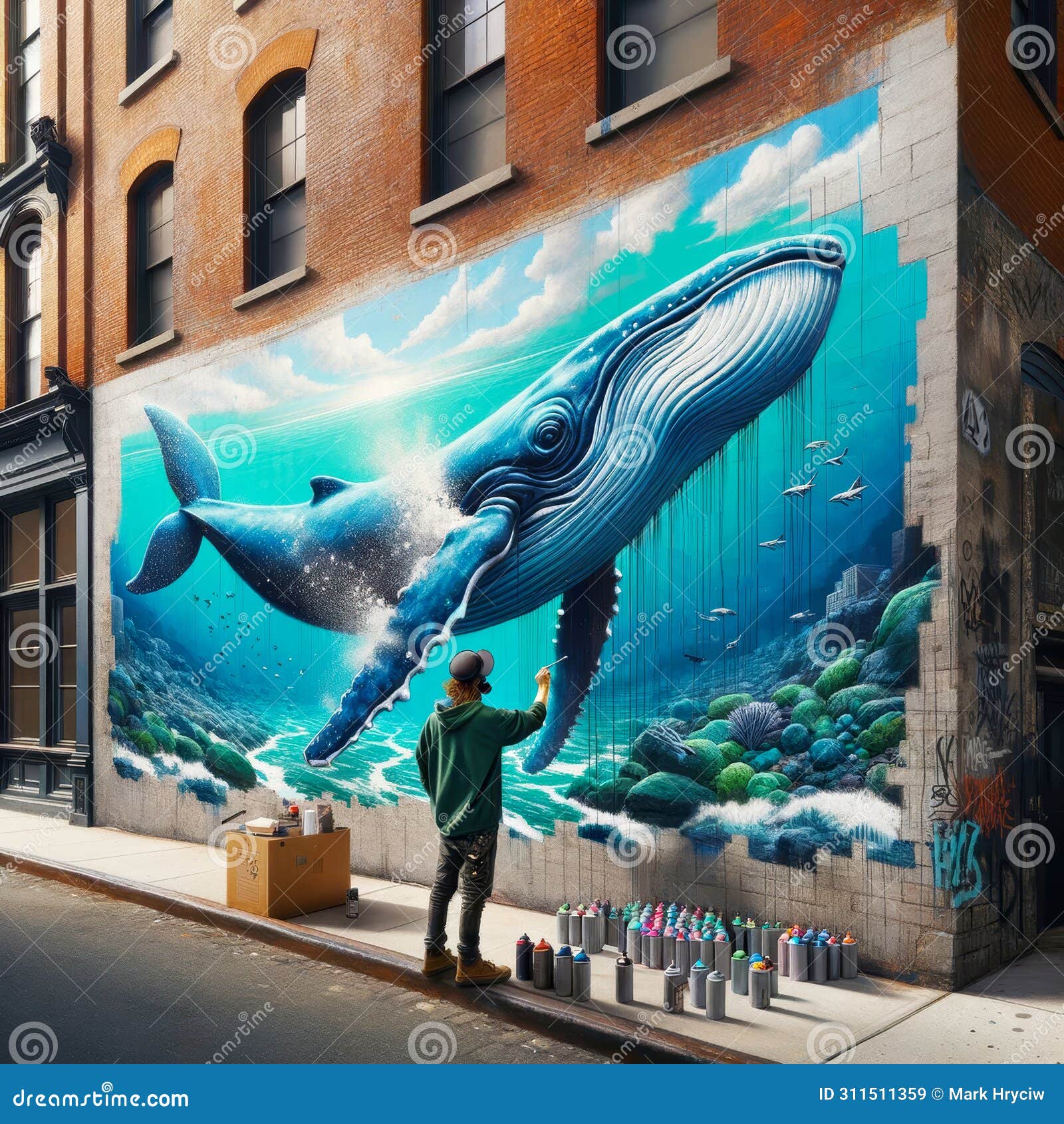 Graffiti Artist Underwater Ocean Scene Blue Whale Brick Wall Vintage ...