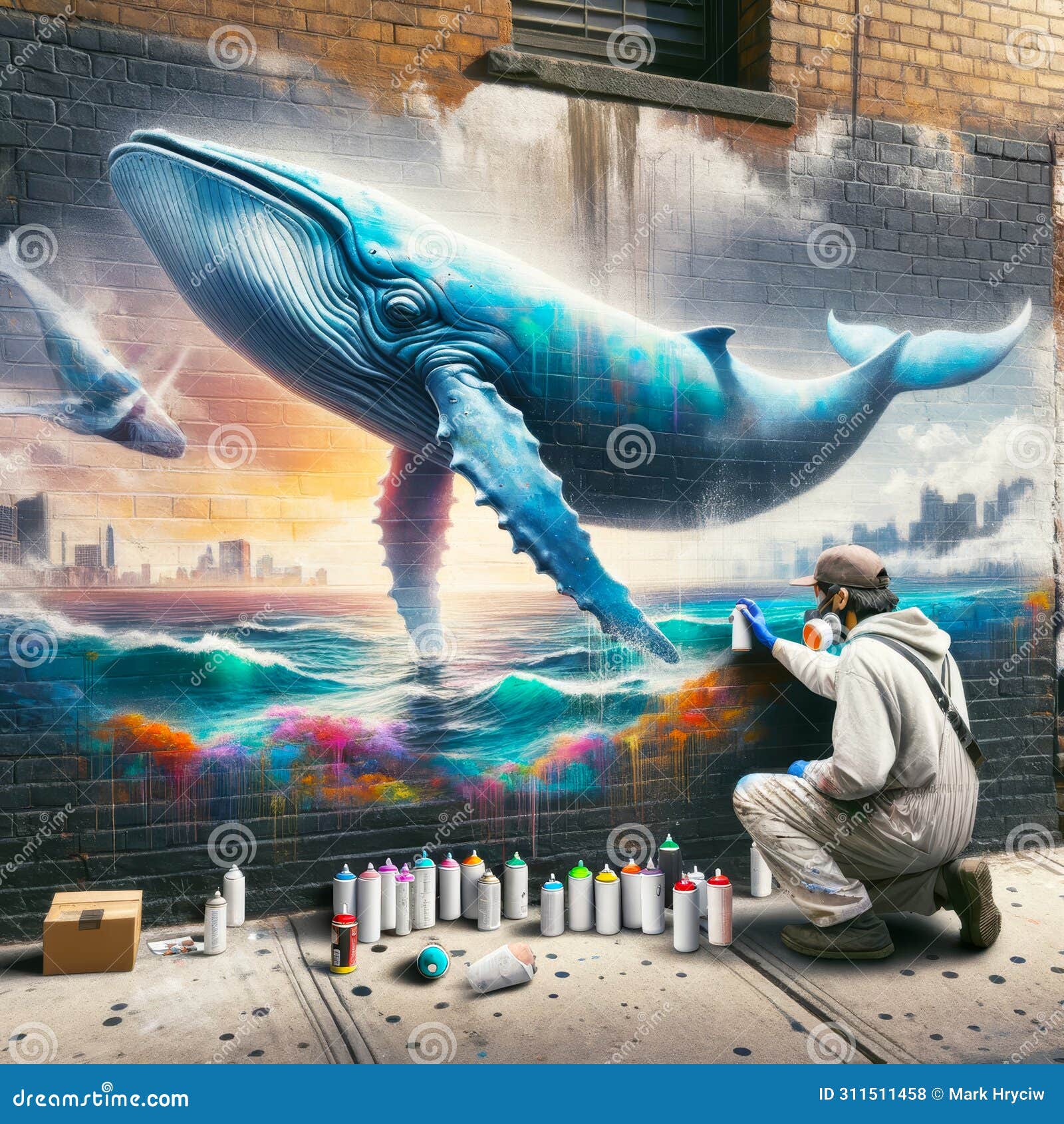 Graffiti Artist Underwater Ocean Scene Blue Whale Brick Wall Vintage ...