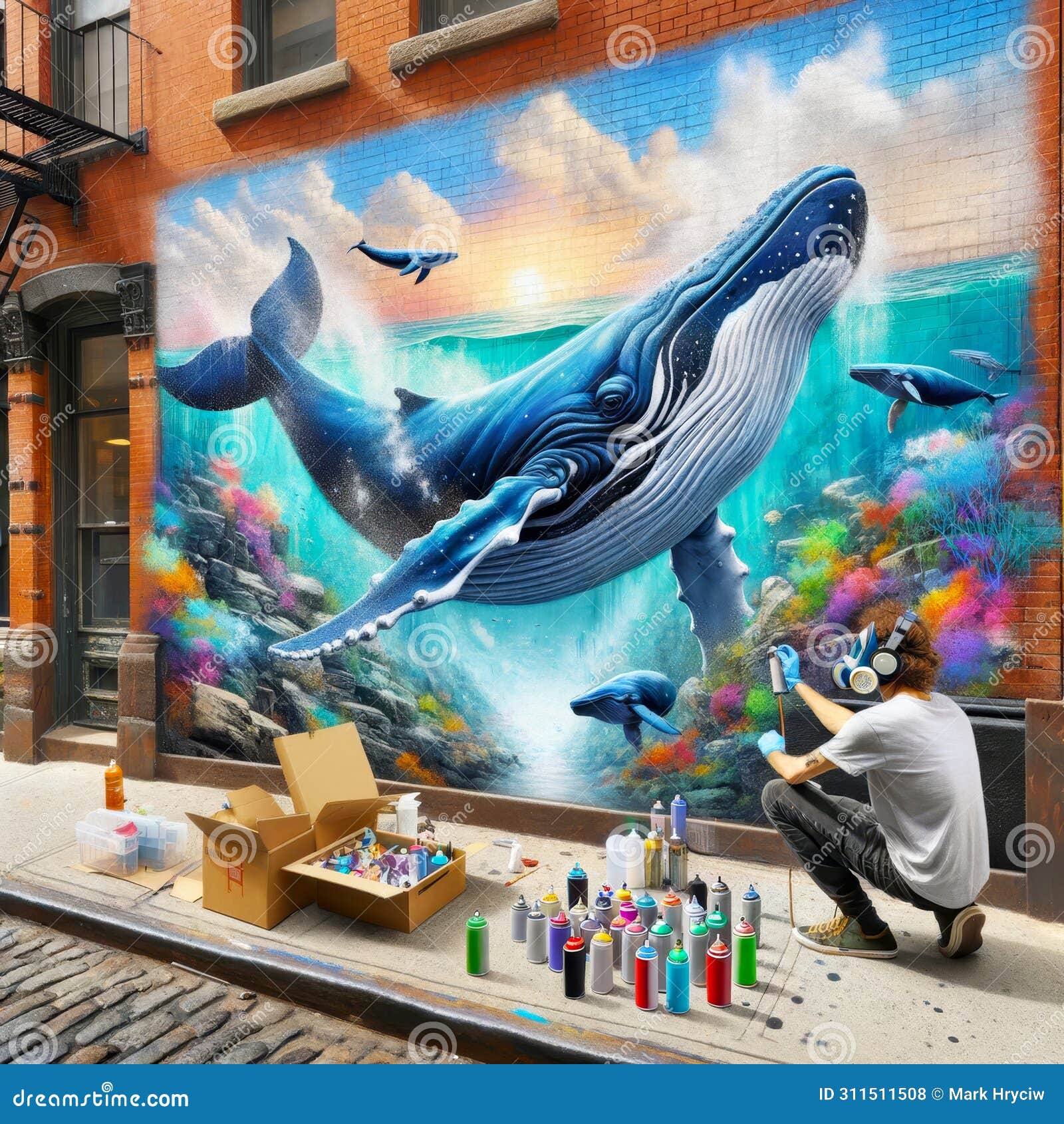 Graffiti Artist Underwater Ocean Scene Blue Whale Brick Wall Vintage ...