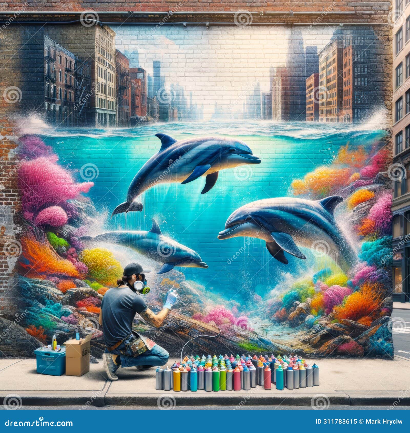 Hipster Graffiti Artist Dolphin Mural Painting Ocean Scene Brick Wall ...