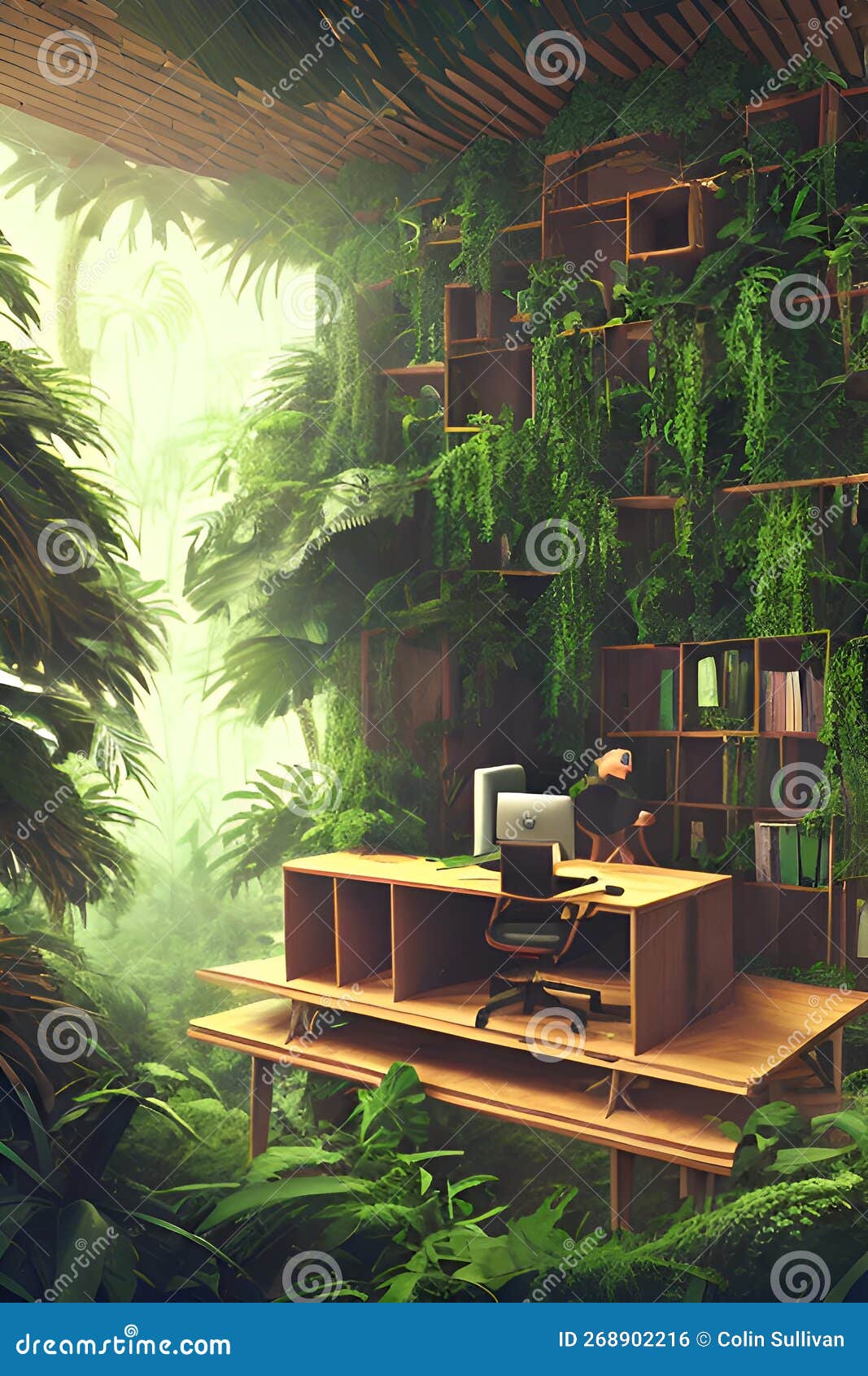 Office in the jungle stock illustration. Illustration of home - 268902216