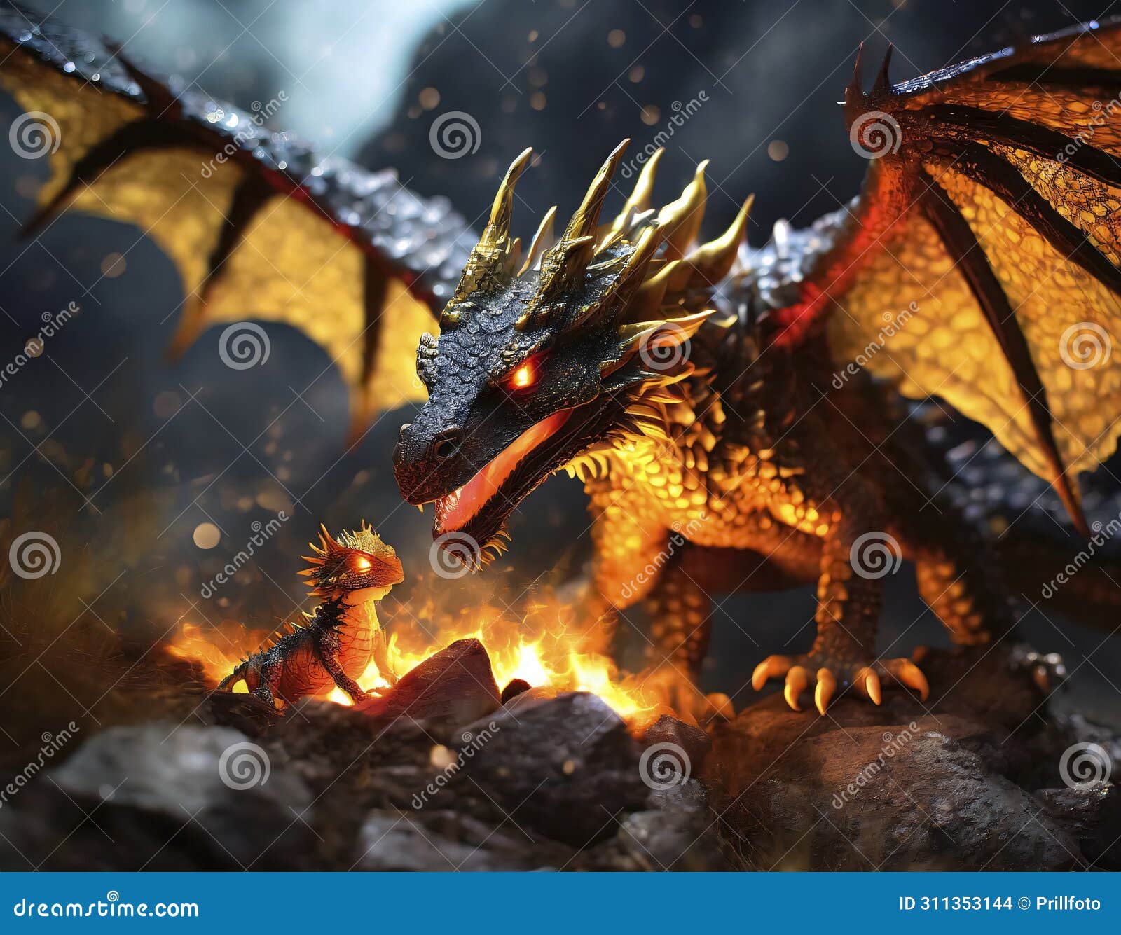 Fire drake with cub stock illustration. Illustration of guard - 311353144