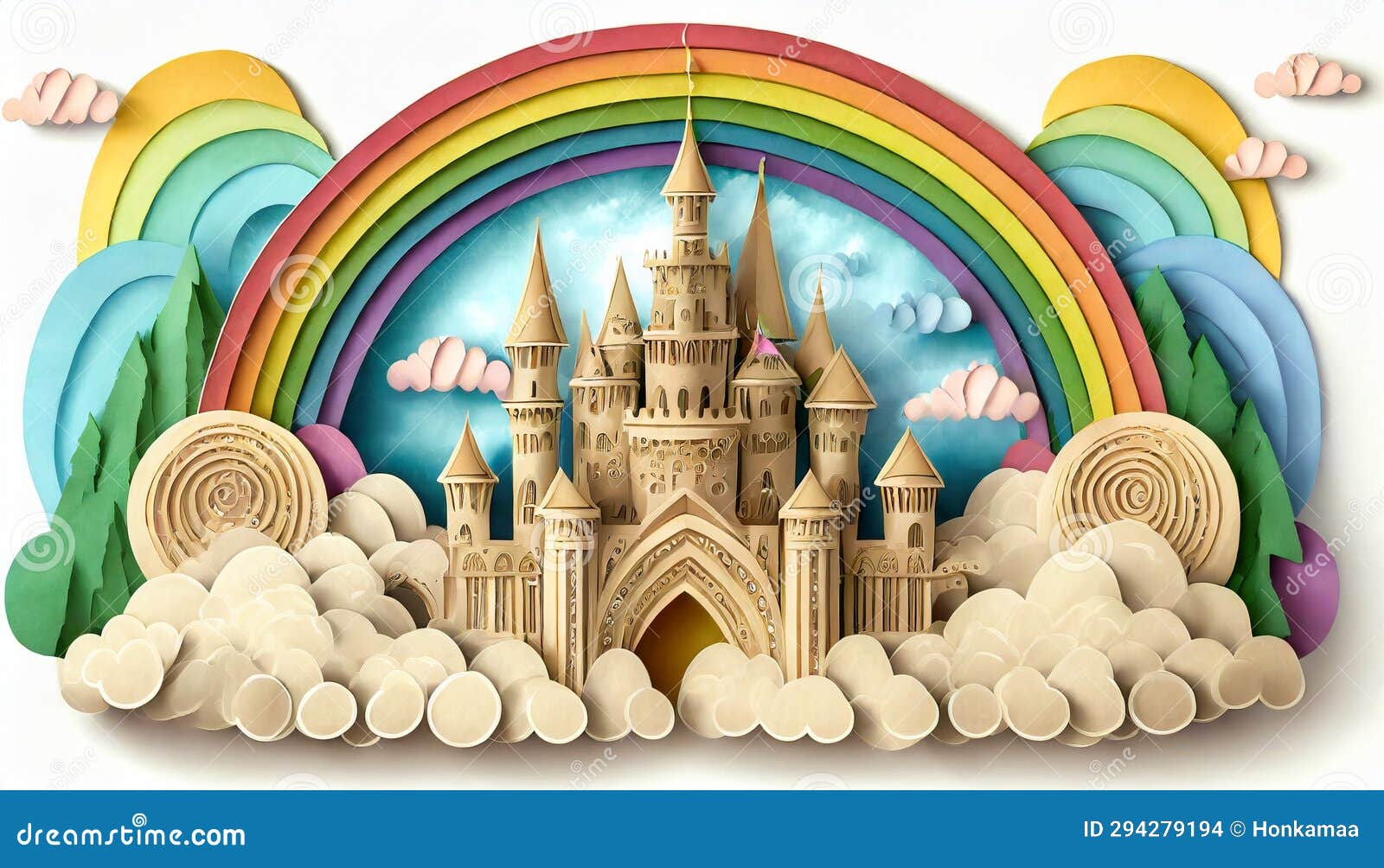 A Magic Cloud Castle Under the Rainbow Stock Illustration ...