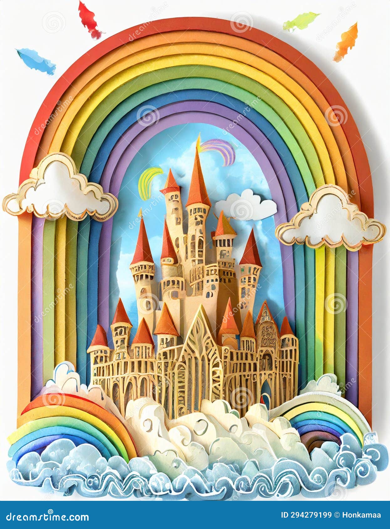 A Magic Cloud Castle Under the Rainbow Stock Illustration ...