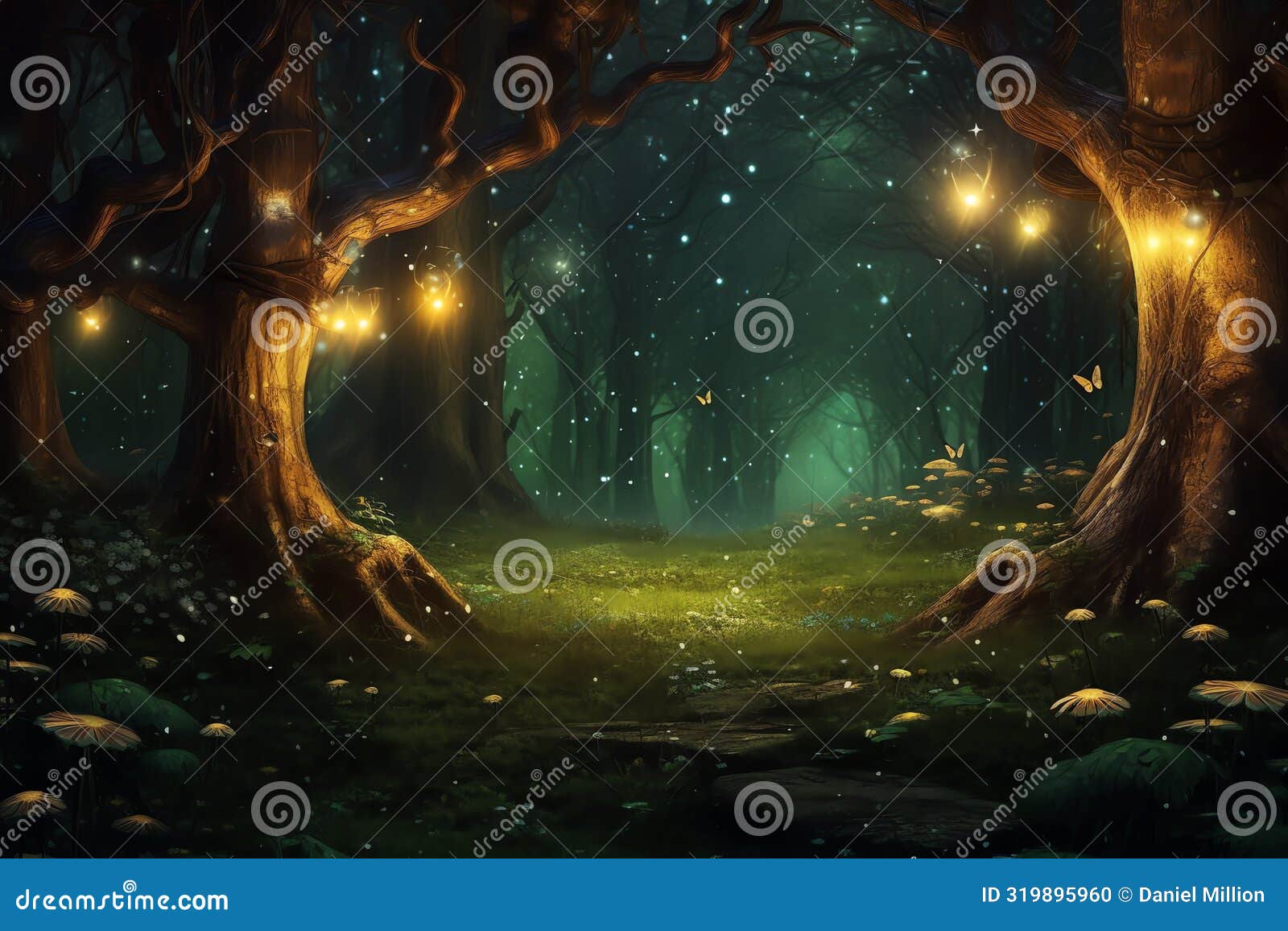 Magic Forest with Towering Trees and Fireflies Magical Fairytale World ...