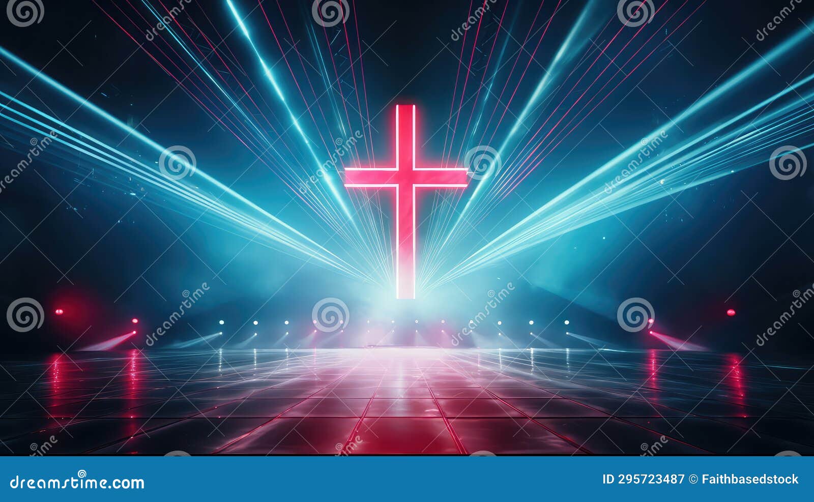 Neon Cross on Stage with Smoke and Rays of Light. Stock Illustration ...