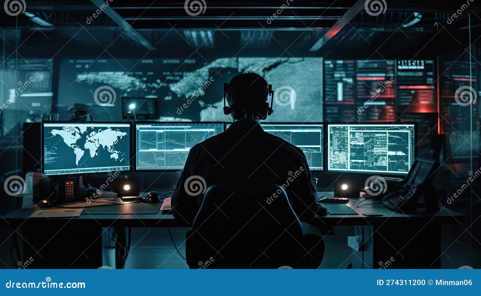 Security Guard Monitoring the Security System in a Surveillance Room ...