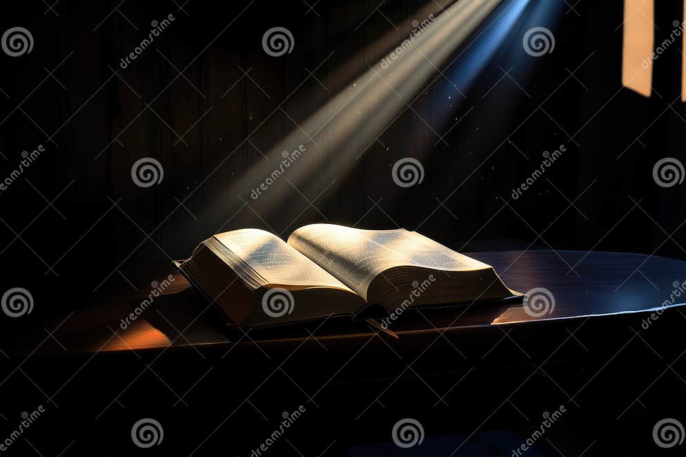 Open Bible on the Table in a Dark Room with Rays of Light Stock ...